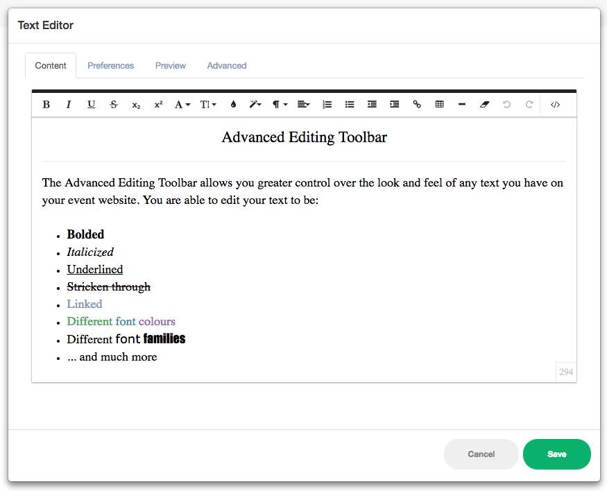 Advanced Editing Toolbar – Eventup Planner Support