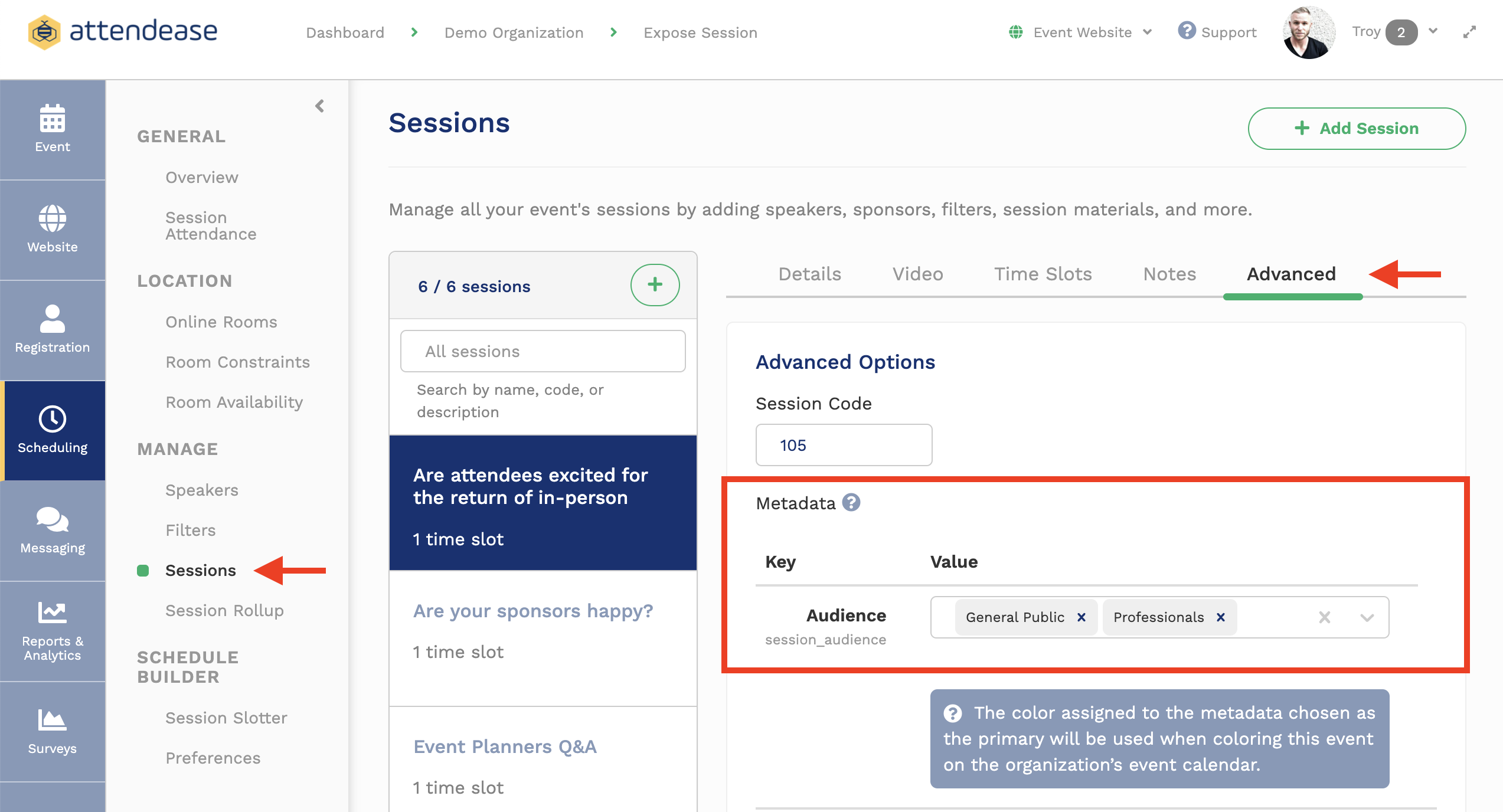 How to use metadata to create filters for the Event/Session Listing block – Eventup Planner Support
