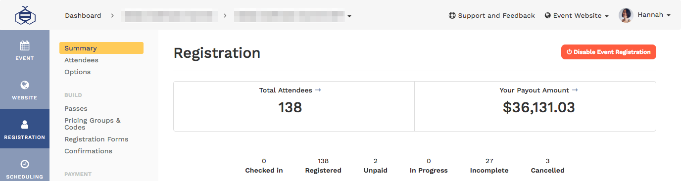 Registration Summary – Eventup Planner Support