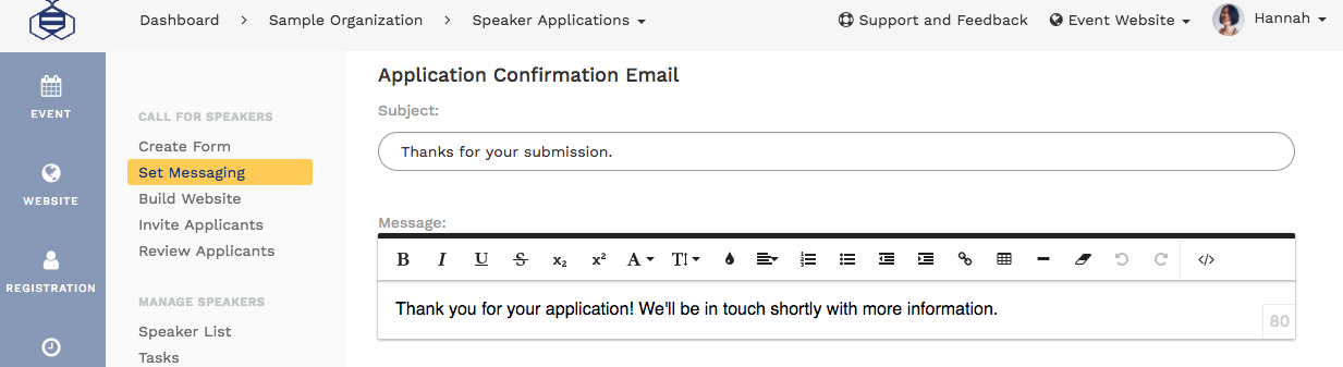 Set messaging for exhibitor applications – Eventup Planner Support